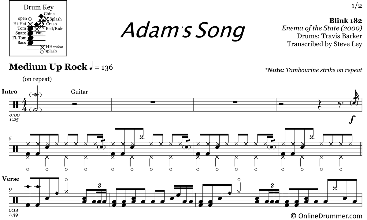 Adam's Song - Blink 182 - Drum Sheet Music
