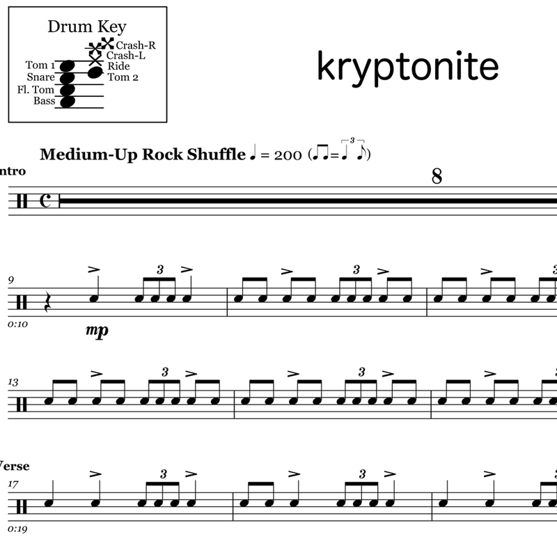 Kryptonite - 3 Doors Down - Drum Sheet Music